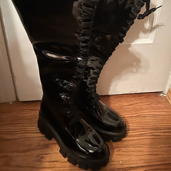 AKIRA | Shoes | Akira Black Patent Thigh High Lace Up Boots 75 | Poshmark